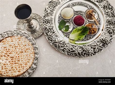 Composition With Symbolic Passover Pesach Items And Meal On Vintage