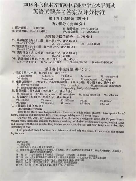 2015年新疆乌鲁木齐中考英语答案已公布