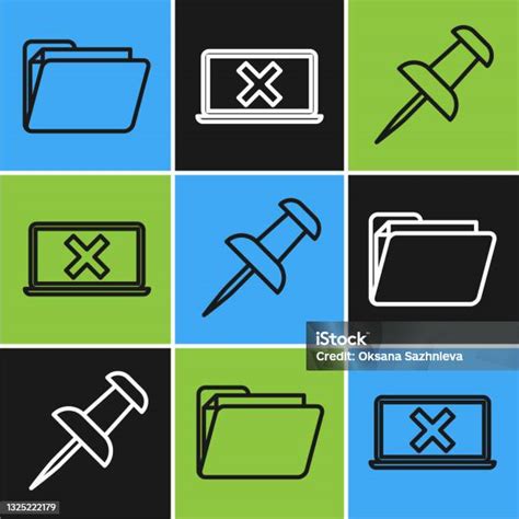 Atur Folder Dokumen Garis Pin Push Dan Laptop Dan Tanda Silang Pada