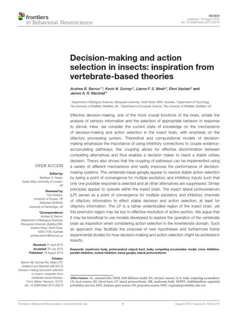 Decision Making And Action Selection In Insects In Pdf Basal
