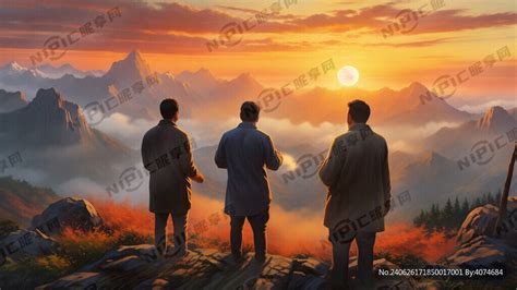 Ai创作图展望愿景 面对群山尽头的日出 日出在整幅画的左侧。晨曦中 在画面右侧的山巅之上 三位成功男士聚拢一起看着一人手中的规划 举目远眺日出