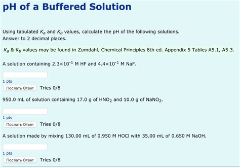 solved ph of a buffered solution using tabulated ka and kb