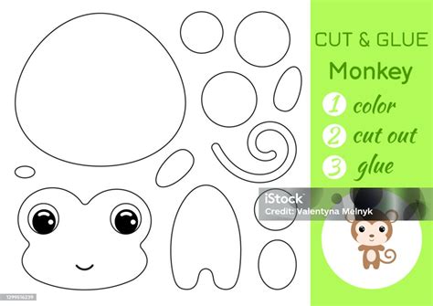 색칠 공부 는 아기 원숭이를 잘라 접착제 유치원 어린이를위한 교육 종이 게임 워크시트를 잘라내고 붙여넣습니다 종이에 색상 절단 부품 및 접착제 벡터 그림입니다 검은색에 대한