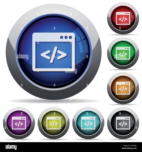 set of round glossy programing code buttons arranged layer structure