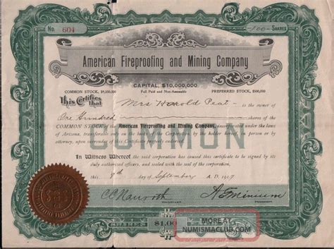 Stock Certificate American Fireproof And Mining Company 1 1917