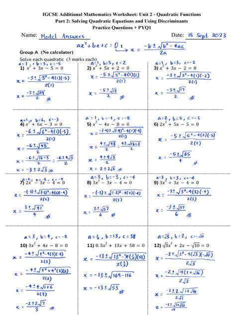 Model Ans Igcse Add Maths Worksheet Unit 2 Quadratic Functions