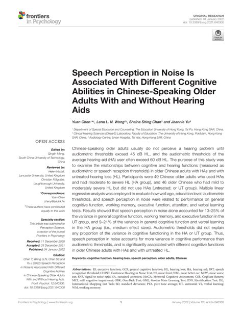 Pdf Speech Perception In Noise Is Associated With Different Cognitive Abilities In Chinese