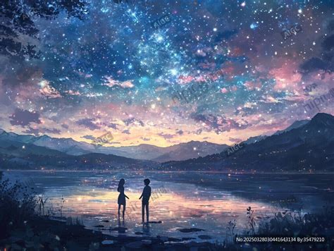ai创作图星空 情侣 湖泊 山 夜景 浪漫 云彩 倒影 草地 夜晚 自然 爱意 风景 梦幻 唯美 昵图网