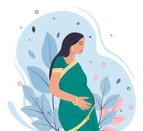 Happy Indian Pregnant Woman On Plant Background Flat Illustration