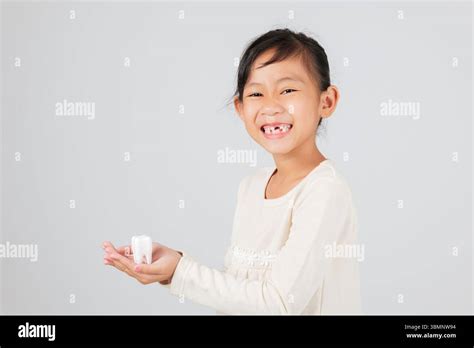 Happy Girl Shows Tooth Gap To Dentist Holding Model Tooth To Explain