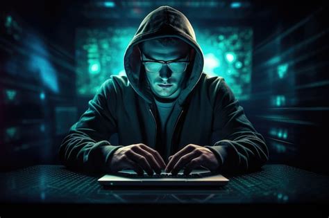 Premium AI Image Hacker Front Of His Computer Committing Digital