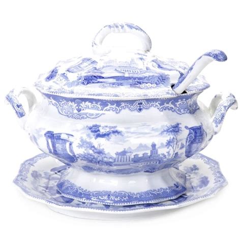 Lot Art Ridgways Antiques Blue White Ironstone Soup Tureen Ladle