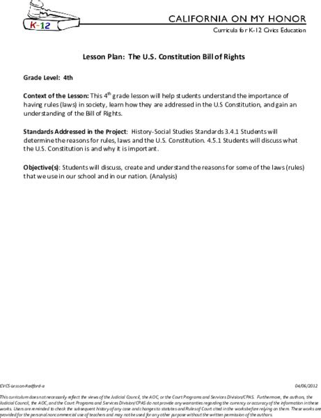 The Us Constitution Bill Of Rights Lesson Plan For 4th Grade Lesson