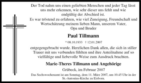 Traueranzeigen Von Paul Tillmann Trauer In Nrw De
