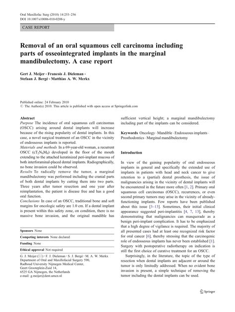 Pdf Removal Of An Oral Squamous Cell Carcinoma Including Parts Of