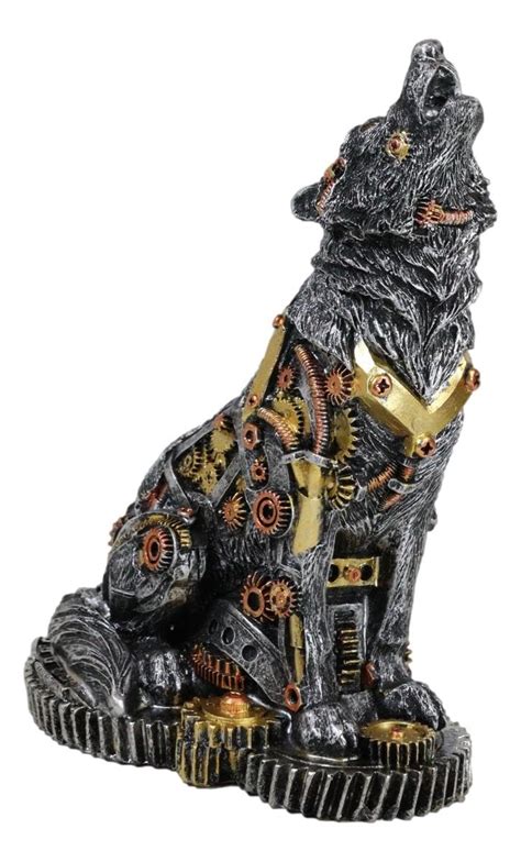 Ebros Steampunk Silver Robotic Alpha Wolf Howling Statue With Sculpted