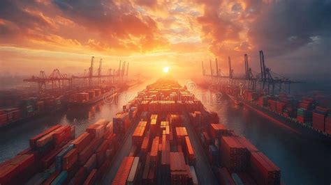 Ship Transport Concept Silhouette Of A Container Terminal With