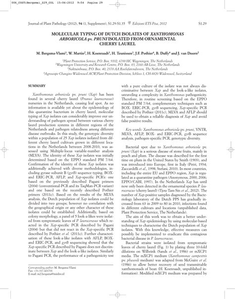 Pdf Molecular Typing Of Dutch Isolates Of Xanthomonas Arboricola Pv Pruni Isolated From