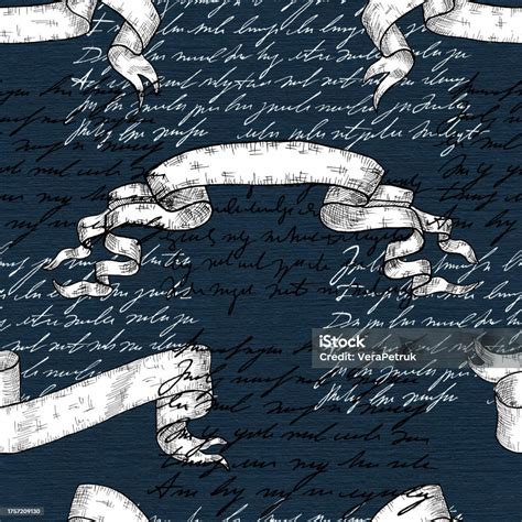 파란색 위에 비네트 배너와 손으로 쓴 텍스트가 있는 원활한 패턴입니다 빈티지 손으로 그린 배경입니다 외국어는 없고 판타지 기호만 있습니다 0명에 대한 스톡 벡터 아트 및