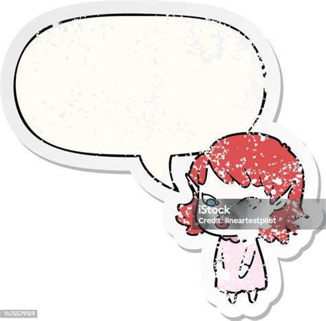 뾰족한 귀를 가진 만화 엘프 소녀 말풍선 고민 고민 오래 된 스티커 귀 부분에 대한 스톡 벡터 아트 및 기타 이미지 귀 부분
