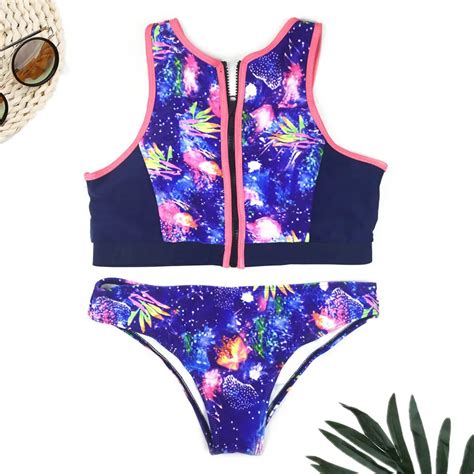 Summer Sports Beach Wear Zipper Crop Top Swimsuit Woman Blue Swimwear