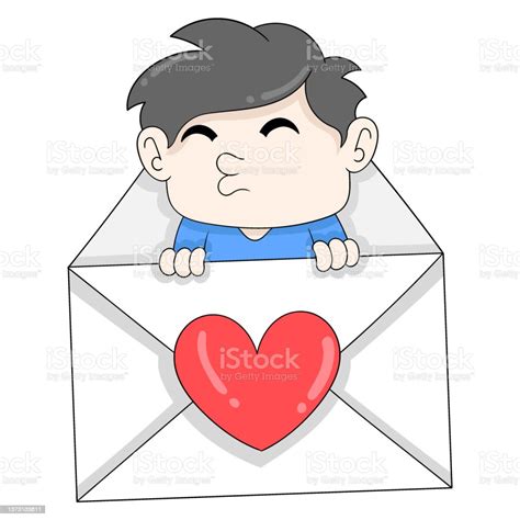 소년은 발렌타인 사랑 봉투에 숨어 낙서 아이콘 이미지 Kawaii 낙서 드로잉에 대한 스톡 벡터 아트 및 기타 이미지 낙서