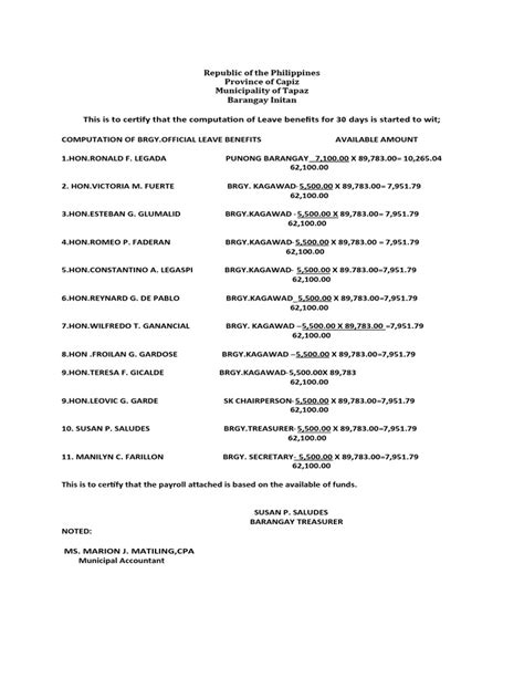 Computation Of Leave Benefits Of Barangay Officials Of Barangay Carida