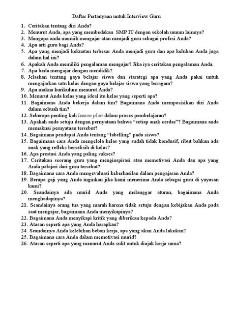 Daftar Pertanyaan Untuk Interview Guru Pdf