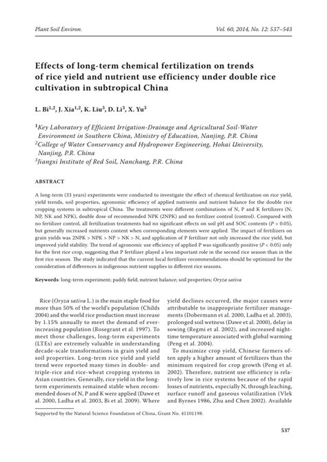 Pdf Effects Of Long Term Chemical Fertilization On Trends Of Rice Yield And Nutrient Use