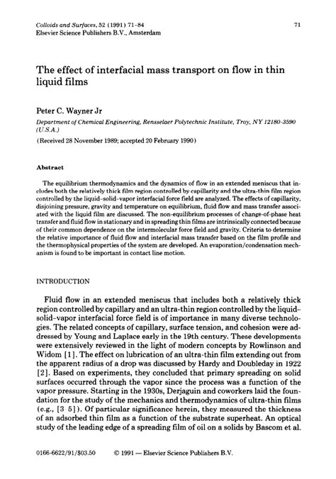Pdf The Effect Of Interfacial Mass Transport On Flow In Thin Liquid Films