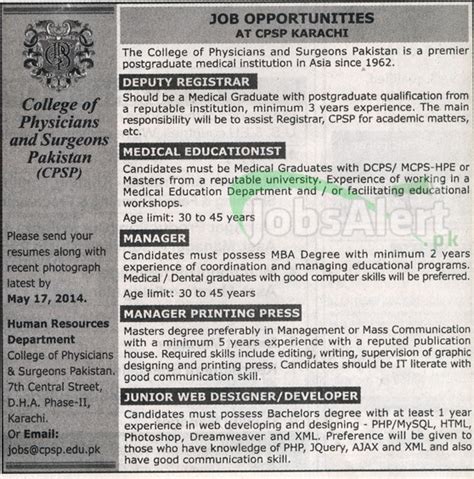 College Of Physicians And Surgeons Pakistan Cpsp Jobs In Karachi