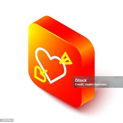 흰색 배경에 격리 된 하트와 화살표 아이콘이있는 등색 선 Amour 기호 사랑 기호 발렌타인 기호 주황색 정사각형 버튼 벡터 개념에 대한 스톡 벡터 아트 및 기타 이미지