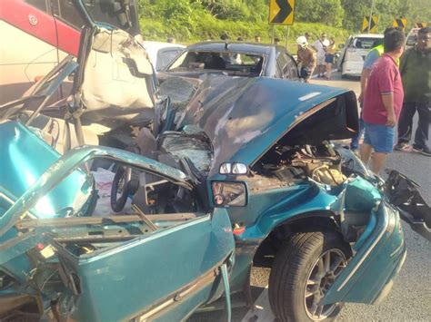 Driver Trapped In Crushed Car After Chain Collision With Bus In Msia Escapes With Light Injuries