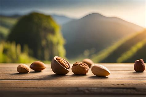 Premium Ai Image A Row Of Nuts On A Table With The Sun Setting Behind