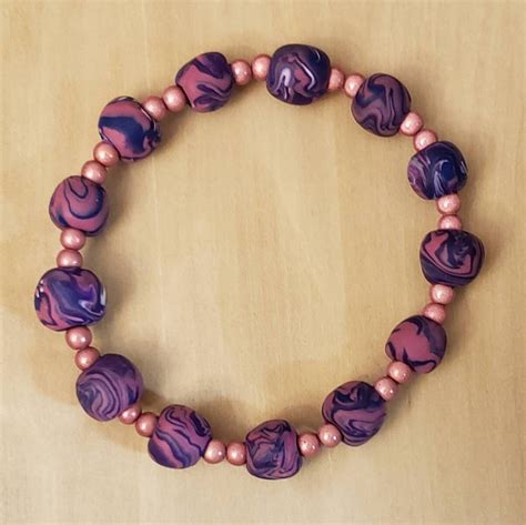 Handmade Purple And Pink Swirled Clay Beaded Bracelet Etsy Uk