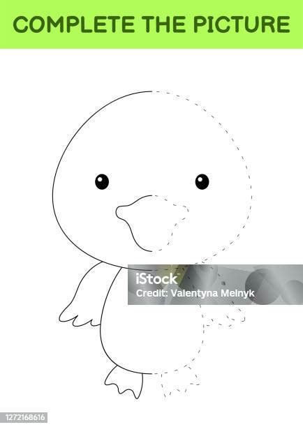 귀여운 오리의 사진을 완료합니다 색칠 공부 그림을 복사합니다 필기 연습 그리기 기술 훈련 인쇄 가능한 워크시트 를 개발하는 교육