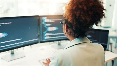 programmer woman and computer screen with typing in office for writing