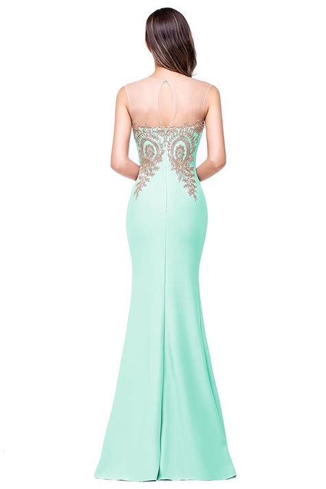 Misshow Women Lace Applique Sheer Neck Long Mermaid Prom Evening Gowns