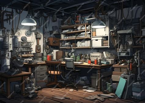 Premium Ai Image A Wideangle Shot Of An Inventors Cluttered Workshop Showcasing A Chaotic Yet