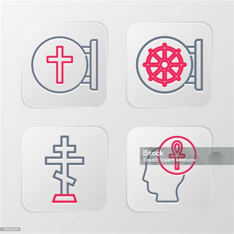 Set Line Cross Ankh Christian Cross Dharma Wheel And Icon Vector Stock