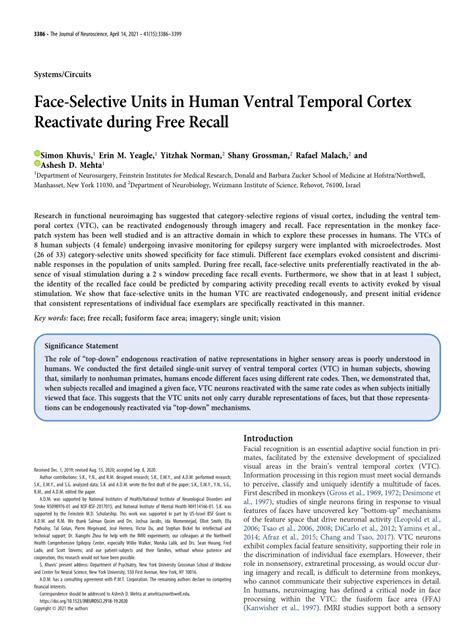 Pdf Face Selective Units In Human Ventral Temporal Cortex Reactivate During Free Recall