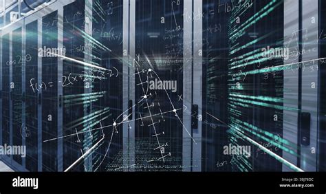 Glowing Server Rack In Data Center Corridor With Led Lights Binary