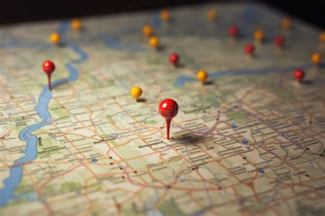 This Image Shows A Highly Detailed Map With Several Pins Strategically
