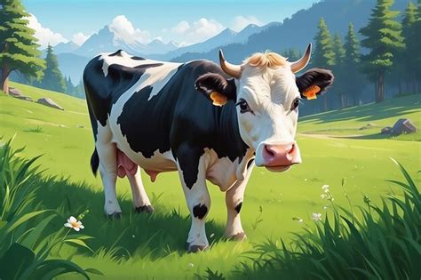Premium Photo The Cute Cow Is Eating Fresh Grass Of Illustration