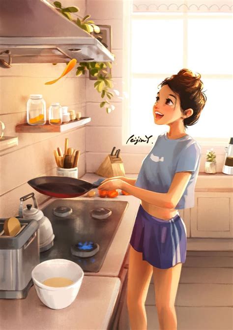 Flip It Over Art Print Cooking Scene In The Kitchen Etsy Cartoon Girl