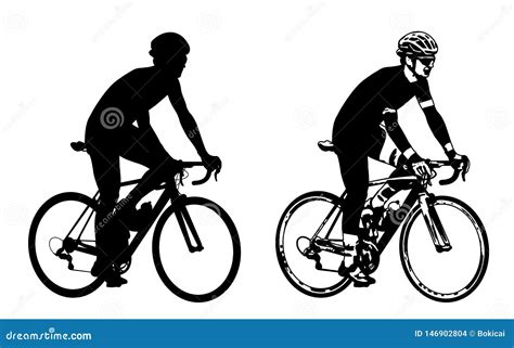Bicyclist Sketch Illustration And Silhouette Stock Vector