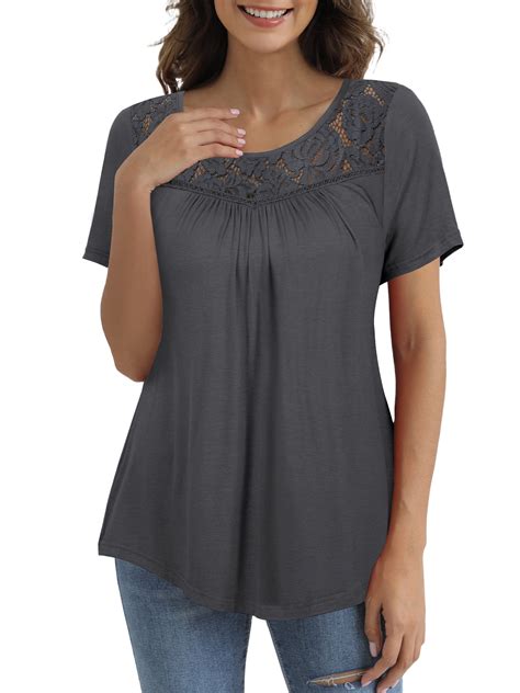 Ajesdani Womens Tops Plus Size Short Sleeve Gray Shirts Lace Pleated