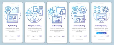 소프트웨어 성능 테스트 온보딩 모바일 앱 페이지 화면 벡터 템플릿 프로그램 품질 관리 선형 일러스트레이션이 있는 웹 사이트 연습 단계입니다 Ux Ui Gui 스마트폰