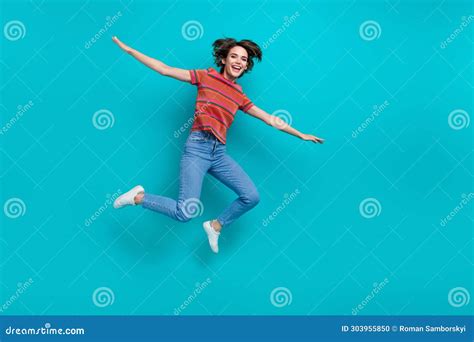 Photo Of Glad Positive Girl Wearing Stylish Outfit Flying Air With Open