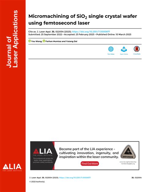 Pdf Micromachining Of Sio2 Single Crystal Wafer Using Femtosecond Laser